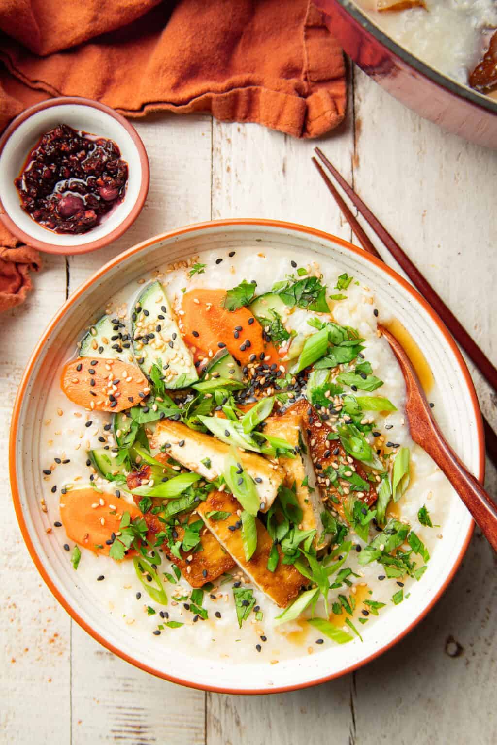 Vegan Congee with Crispy Baked Tofu - Connoisseurus Veg